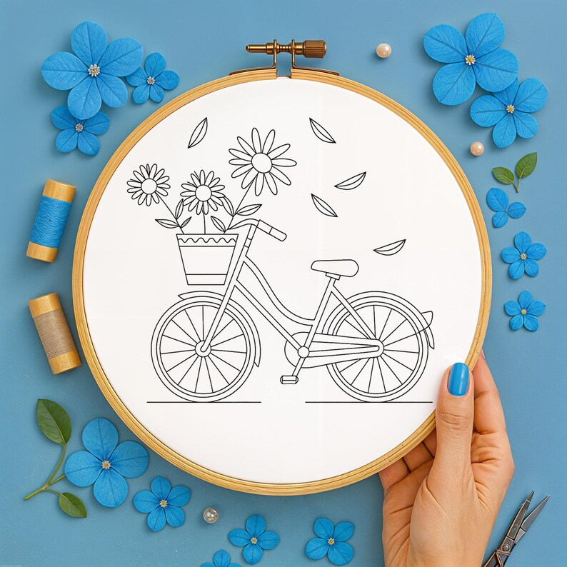 Vintage Autumn Bicycle Embroidery Pattern Boho Sunflower Basket Bike ...