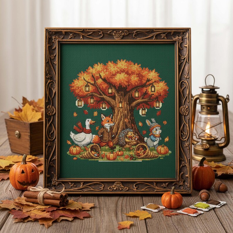 Autumn Woodland Animals Cross Stitch Pattern Harvest Tree Embroidery ...