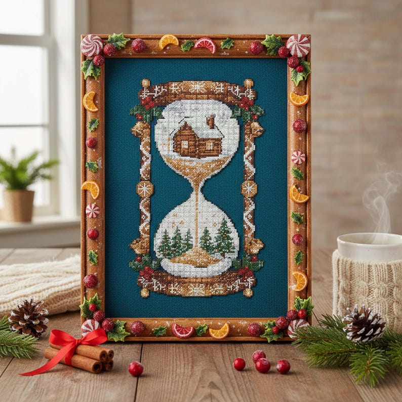 Christmas Hourglass Scene Cross Stitch Pattern: Snowy Cabin, Trees ...