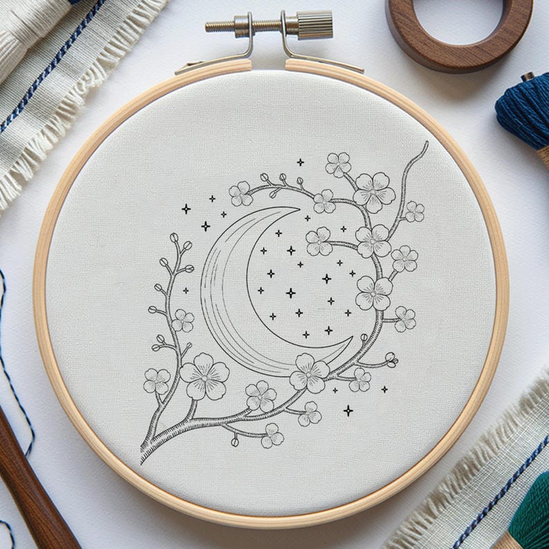 Crescent Moon and Sakura Hand Embroidery Pattern Moon With Cherry ...