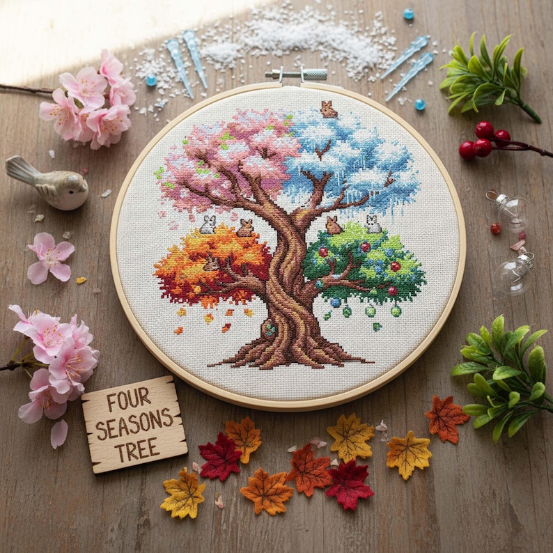 Four Seasons Tree Cross Stitch Pattern: Fantasy Rabbits Embroidery ...