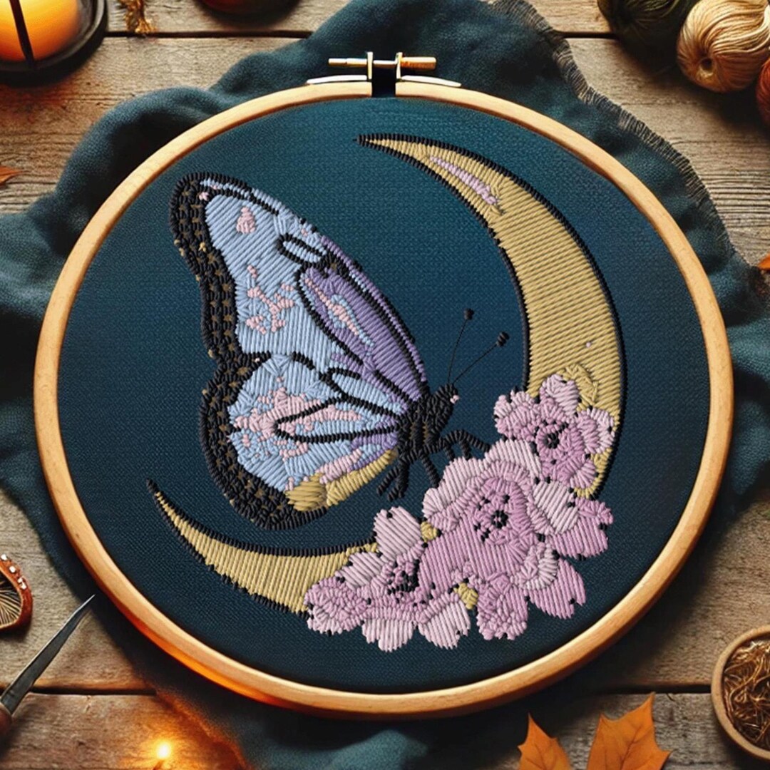 Moon Butterfly and Flowers Hand Embroidery Pattern Celestial Moon ...