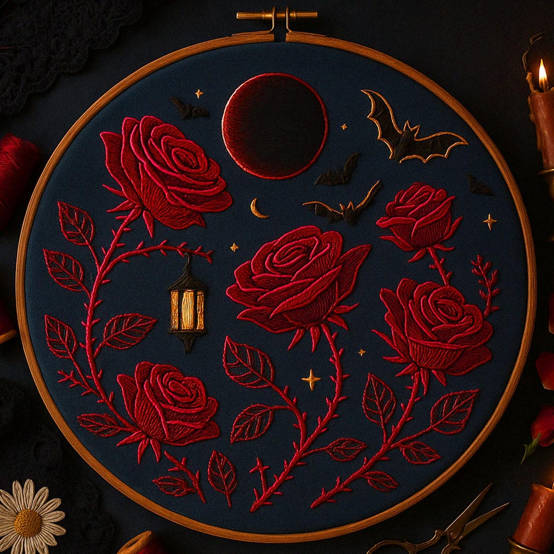 Gothic Rose With Moon Hand Embroidery Pattern Magical Dark Floral With ...