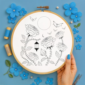 Gothic Rose With Moon Hand Embroidery Pattern Magical Dark Floral With ...