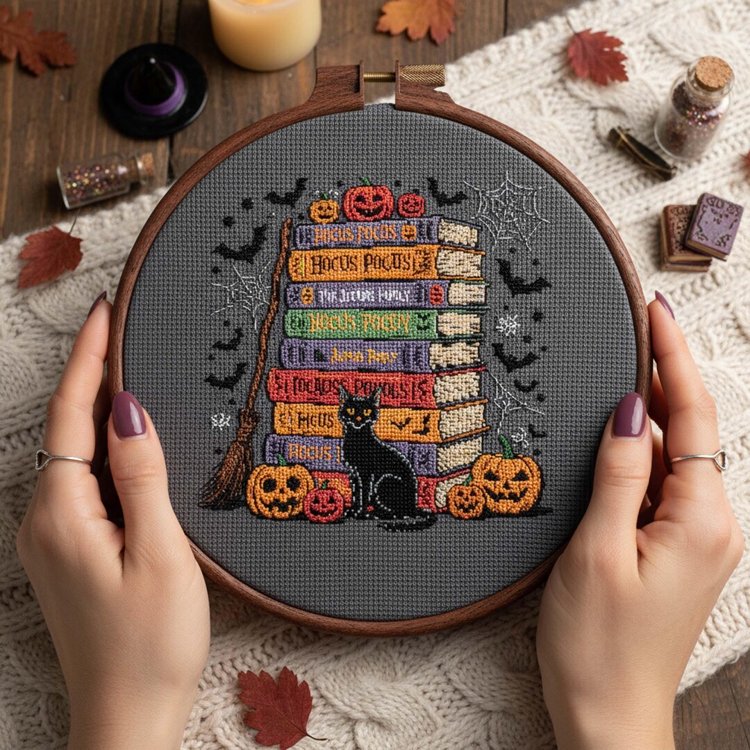 Gothic Cat and Spell Books Cross Stitch Pattern: Halloween Embroidery ...