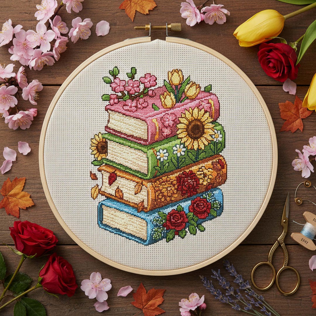 Seasonal Flower Books Cross Stitch Pattern Floral Stack Embroidery ...