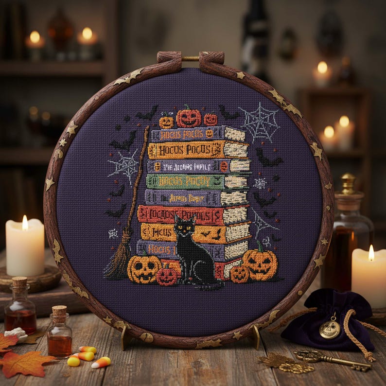 Gothic Cat and Spell Books Cross Stitch Pattern: Halloween Embroidery ...