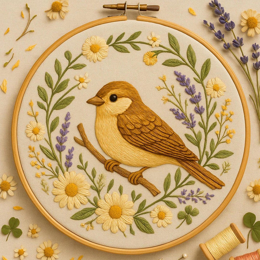 Sparrow Bird With Wildflowers Hand Embroidery Pattern Garden Floral ...