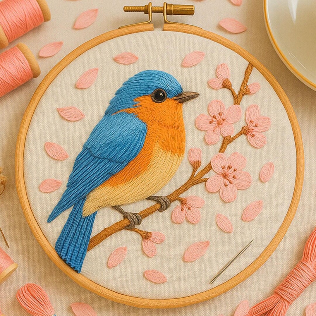 Spring Bluebird With Cherry Blossom Hand Embroidery Pattern Cozy Bird ...