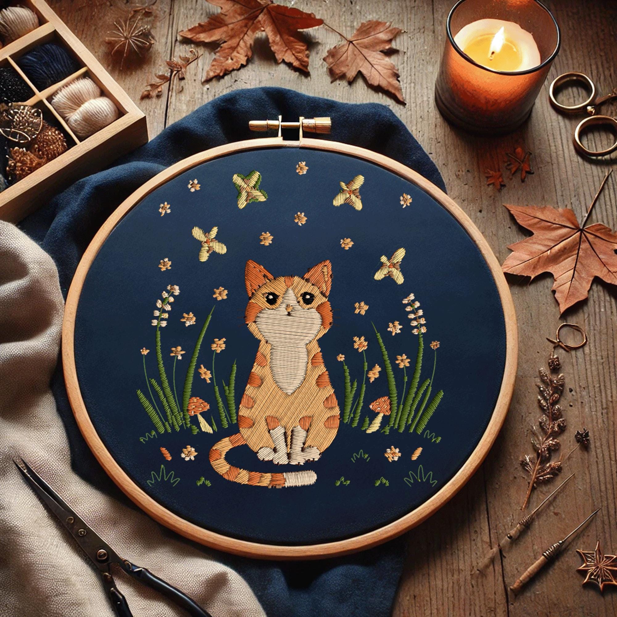 Orange Tabby Cat Butterfly Hand Embroidery Pattern Woodland Cat With ...