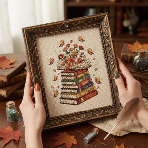 Floral Books Cross Stitch Pattern Embroidery With Butterflies and Open ...