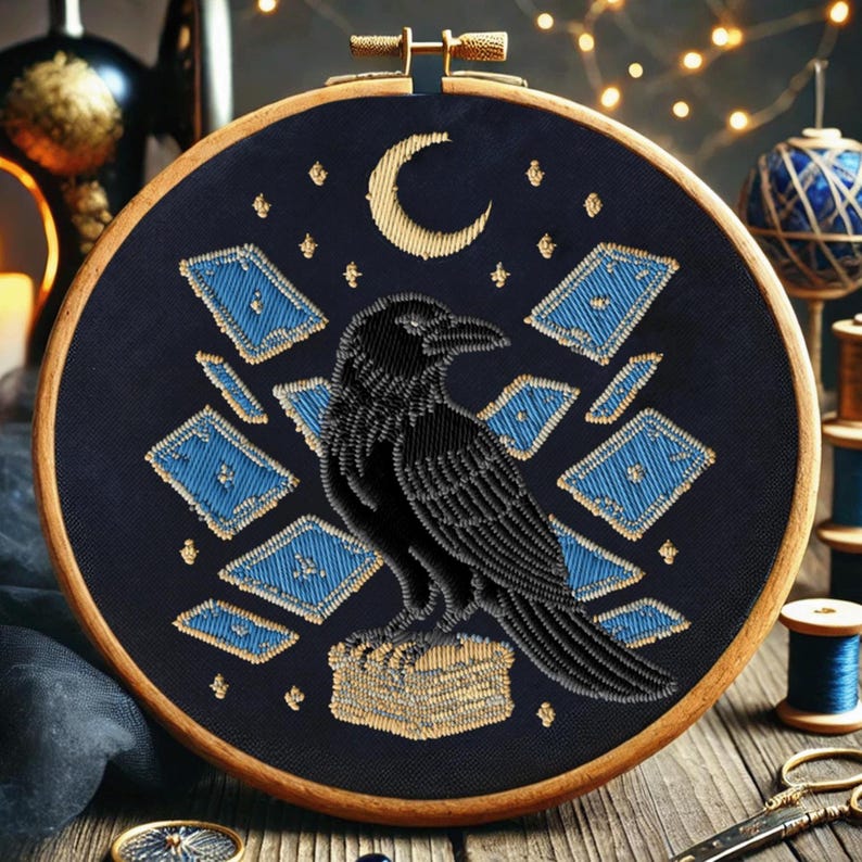 Gothic Raven Moon Hand Embroidery Pattern Magical Halloween Raven ...