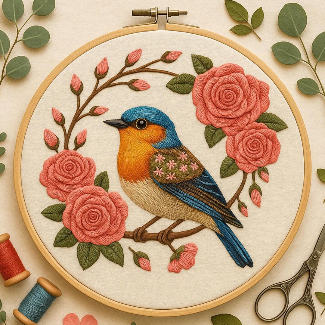 Spring Bluebird and Roses Hand Embroidery Pattern Blue Songbird With ...