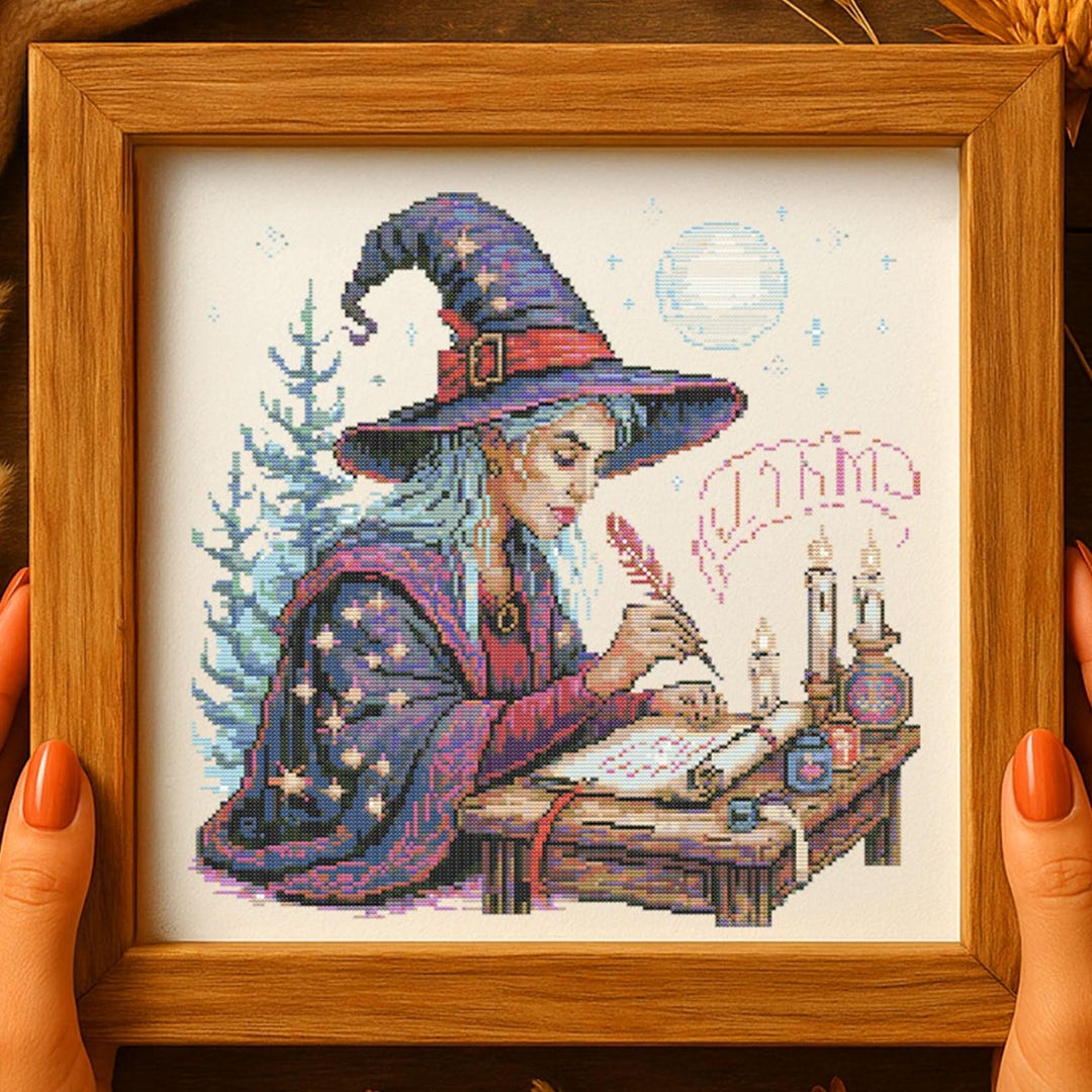 Writing Witch Cross Stitch Pattern Cute Halloween Witch Girl Embroidery ...