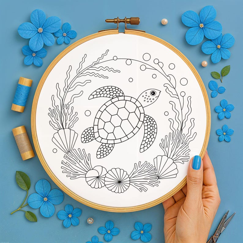 Ocean Turtle Coral With Marine Plants Hand Embroidery Pattern ...