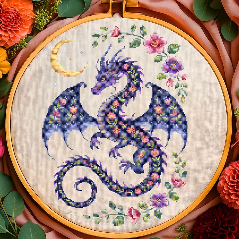 Floral Moon Dragon Cross Stitch Pattern Celestial Flowers Dragon Embroidery Fantasy Mystical ...