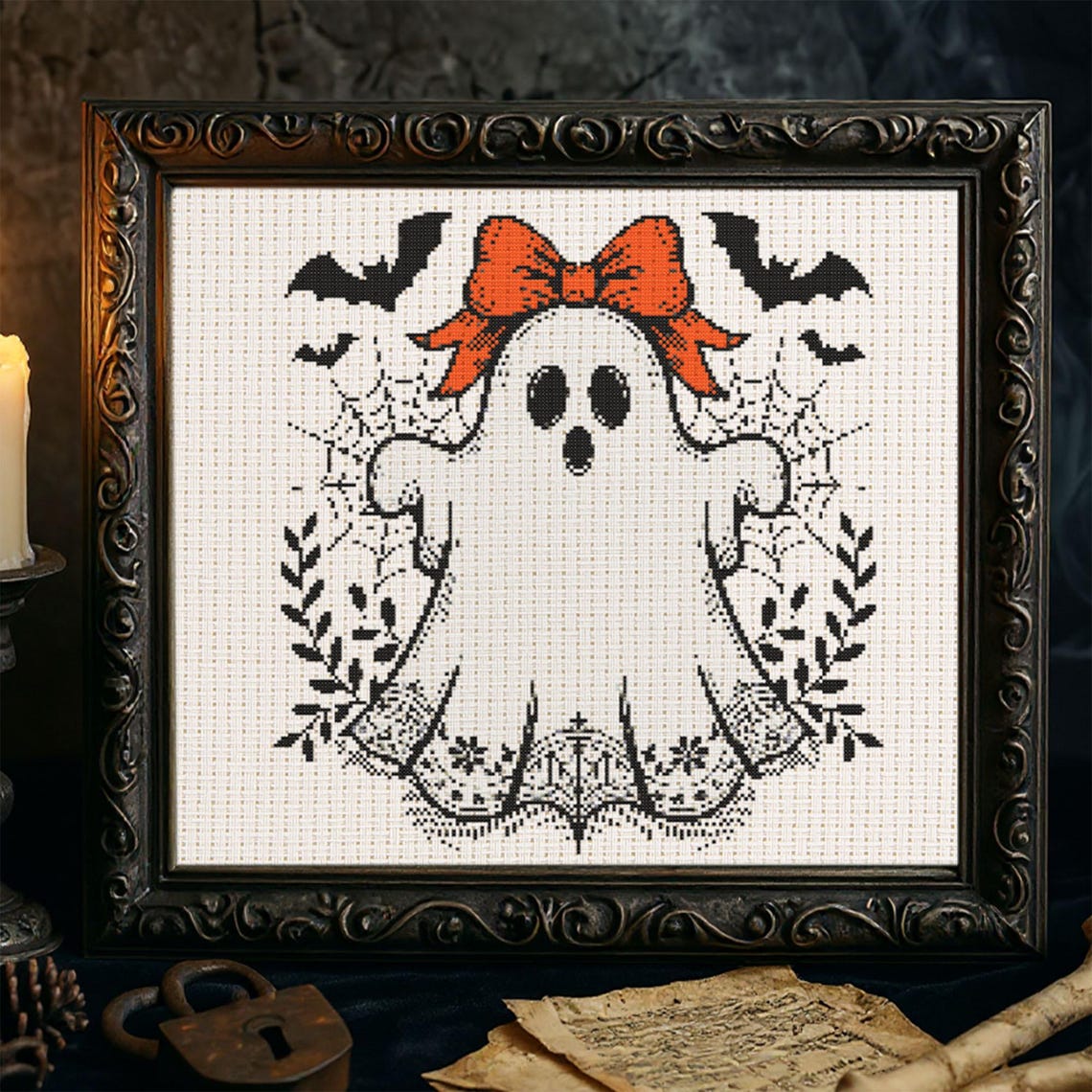 Vintage Ghost Bow Cross Stitch Pattern Halloween Cute Ghost Embroidery ...
