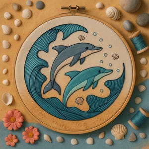 Magical Dolphin Swimming Hand Embroidery Pattern Ocean Wave Hoop Art ...