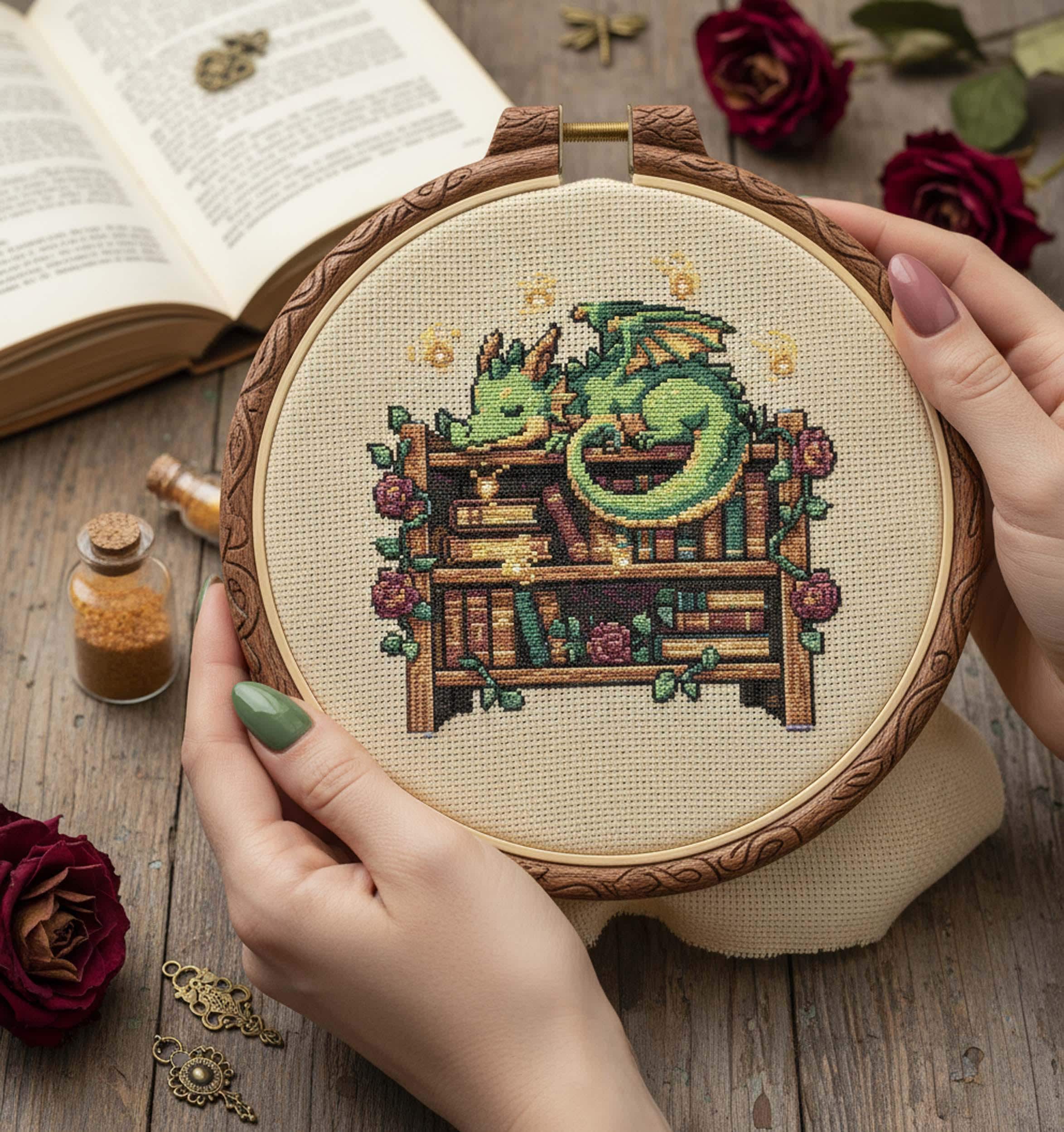 Sleeping Dragon Bookshelf Cross Stitch Pattern Fantasy Embroidery on ...
