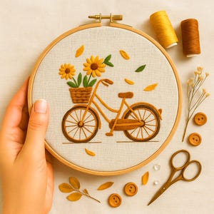 Vintage Autumn Bicycle Embroidery Pattern Boho Sunflower Basket Bike ...