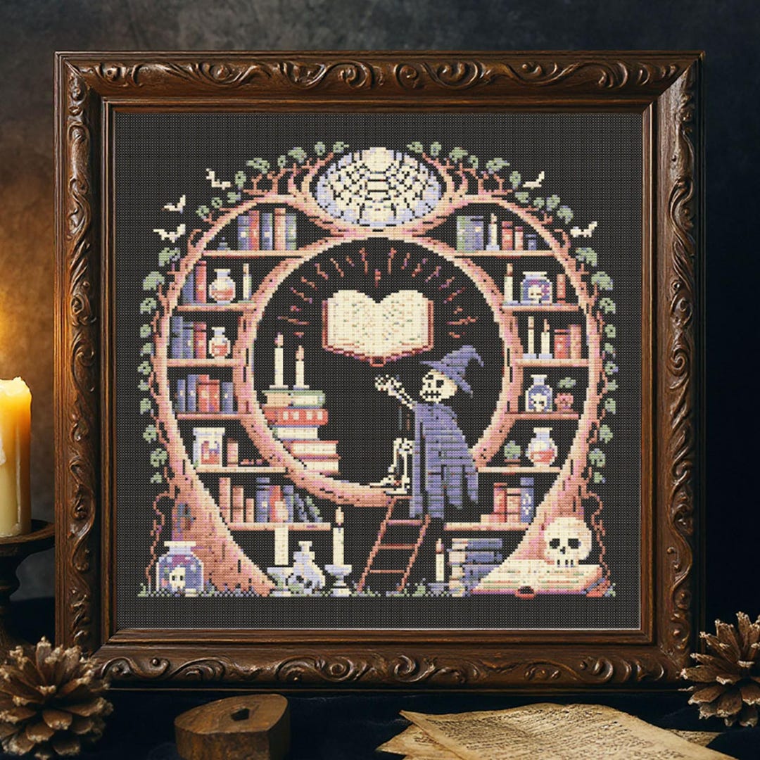 Halloween Skeleton Library Cross Stitch Pattern Magical Skeleton Books ...