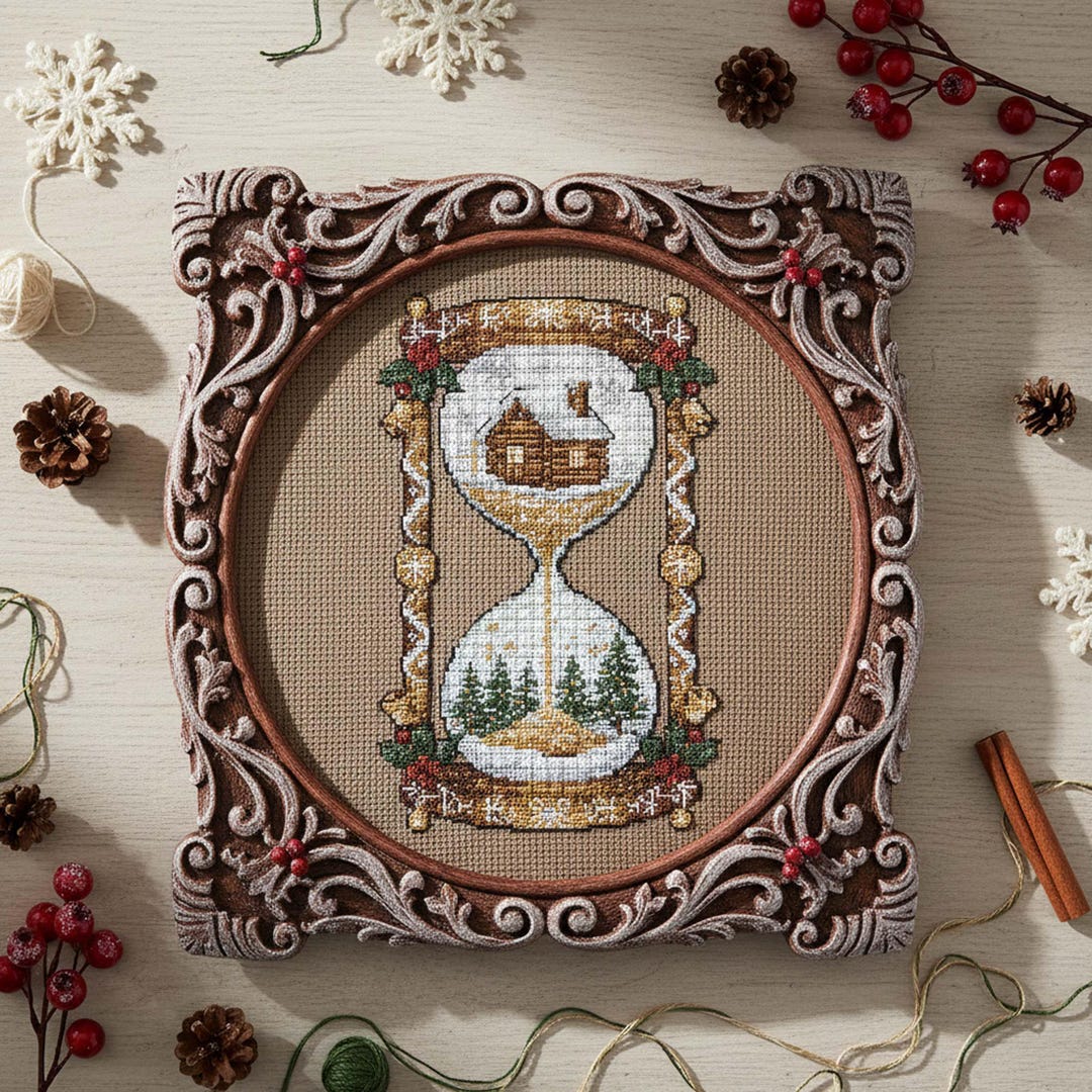 Christmas Hourglass Scene Cross Stitch Pattern: Snowy Cabin, Trees ...