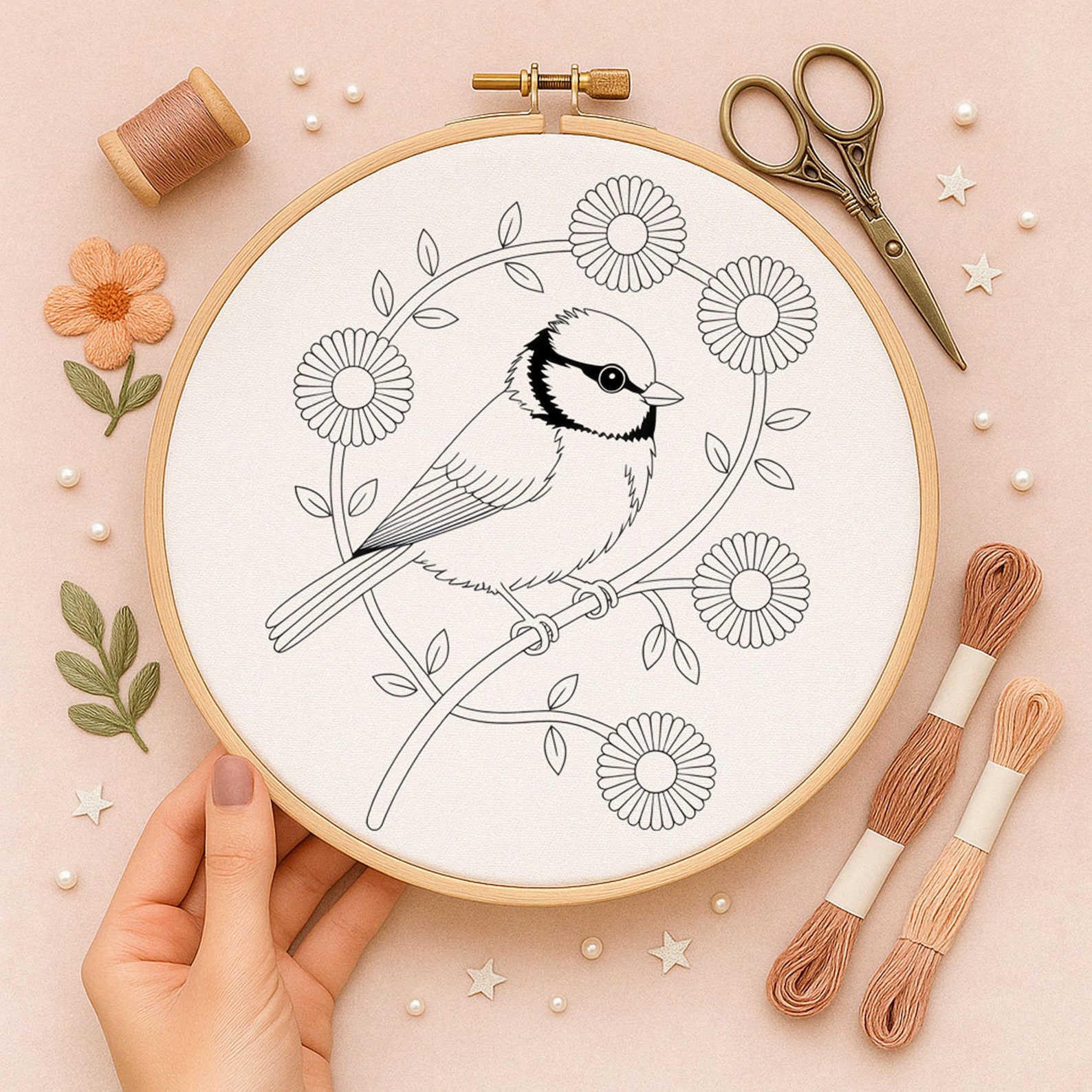 Spring Bird With Flowers Hand Embroidery Pattern Floral Blue Tit Bird ...