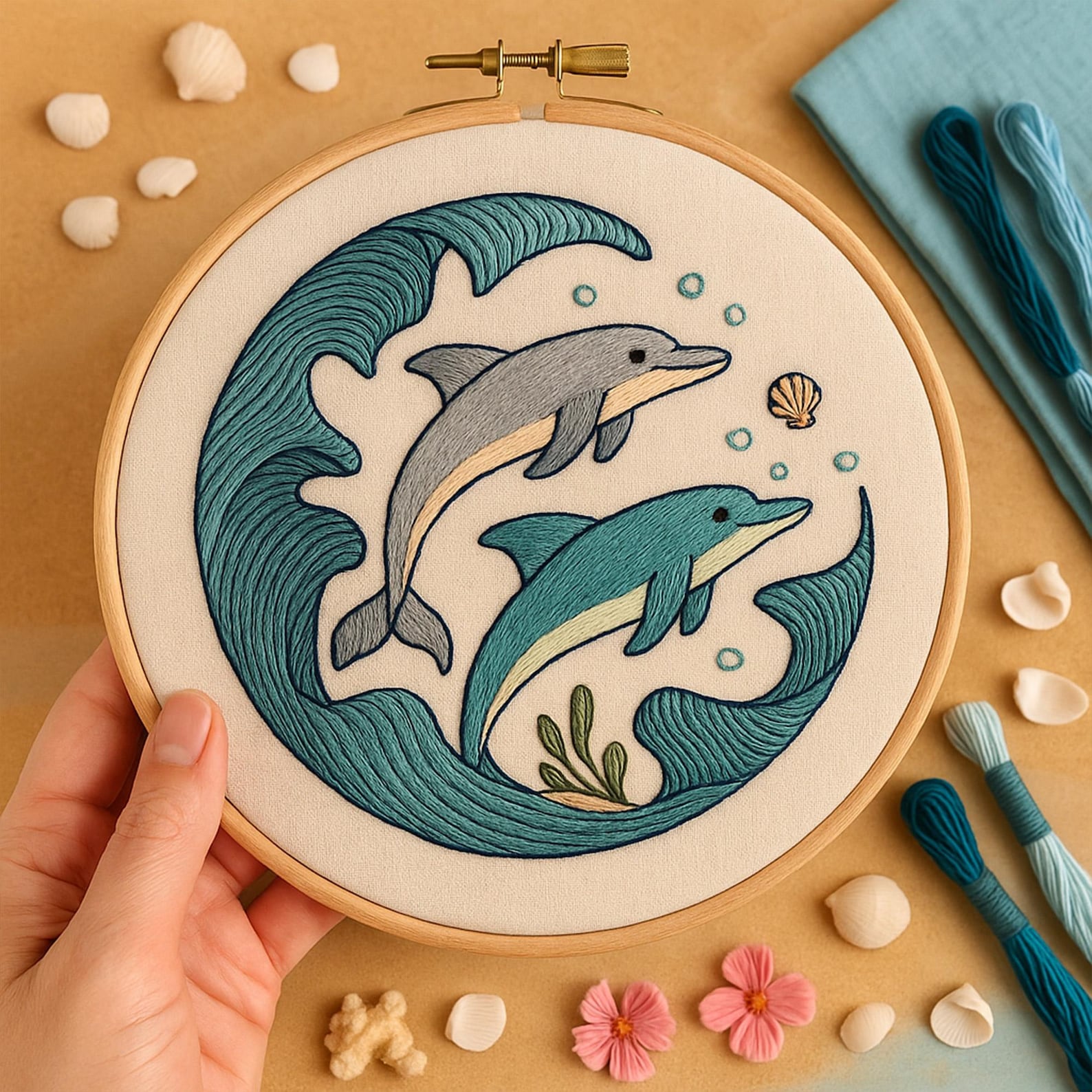 Magical Dolphin Swimming Hand Embroidery Pattern Ocean Wave Hoop Art With Two Dolphins ...