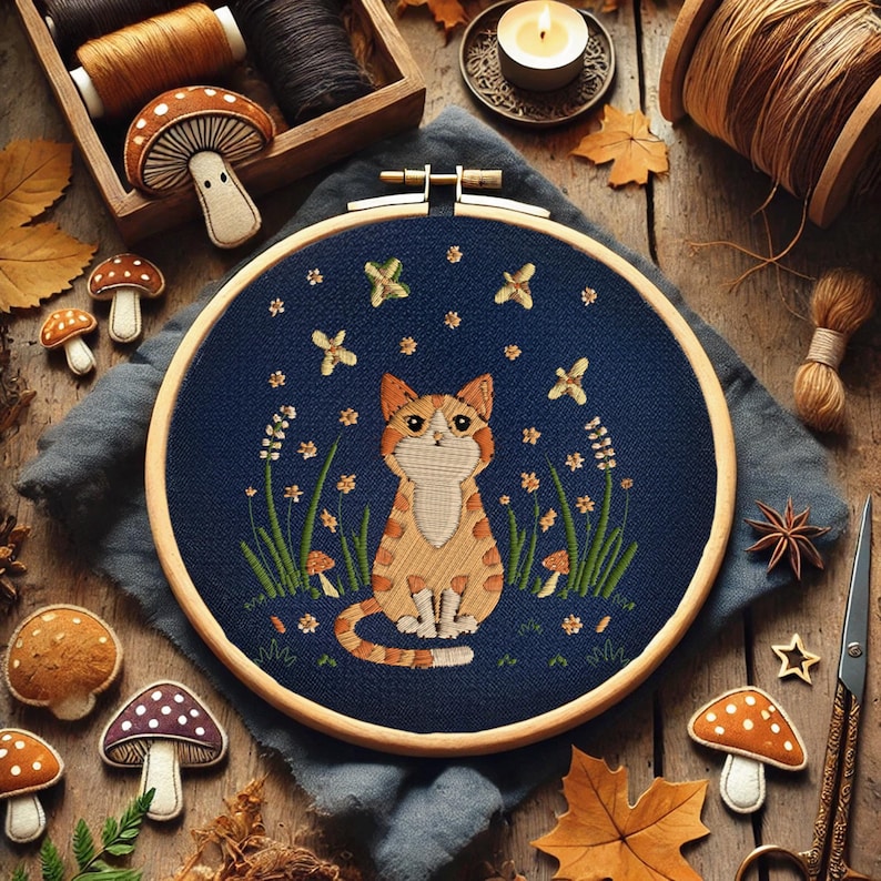 Orange Tabby Cat Butterfly Hand Embroidery Pattern Woodland Cat With ...