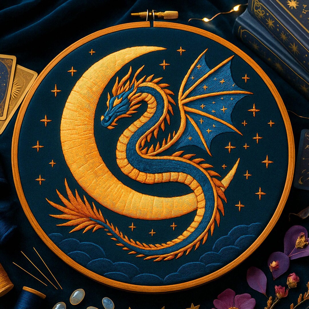 Celestial Moon Winged Dragon Hand Embroidery Pattern Mystical Fantasy ...