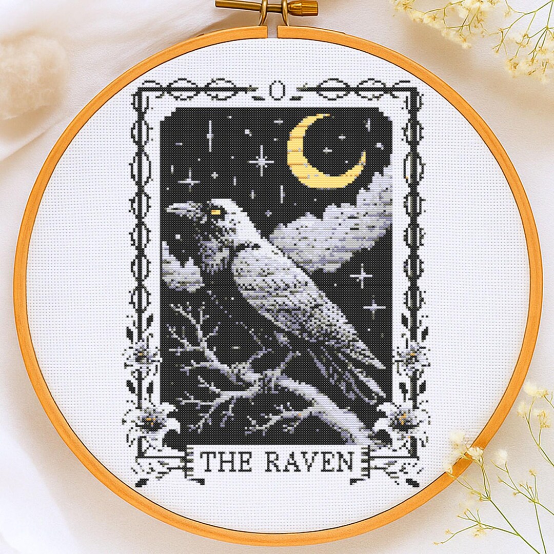 Crescent Moon Raven Cross Stitch Pattern Celestial Tarot Raven ...