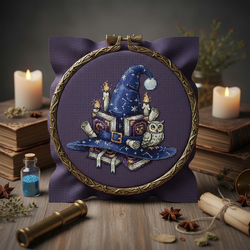 Wizard Hat Cross Stitch Pattern: Magical Owl Embroidery With Books and ...