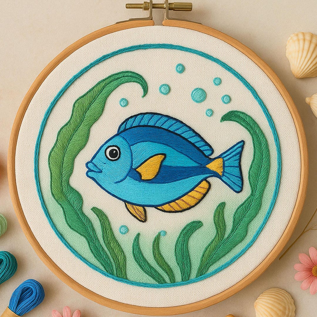 Tropical Blue Tang Fish Hand Embroidery Pattern Blue Fish DIY Hoop Art ...