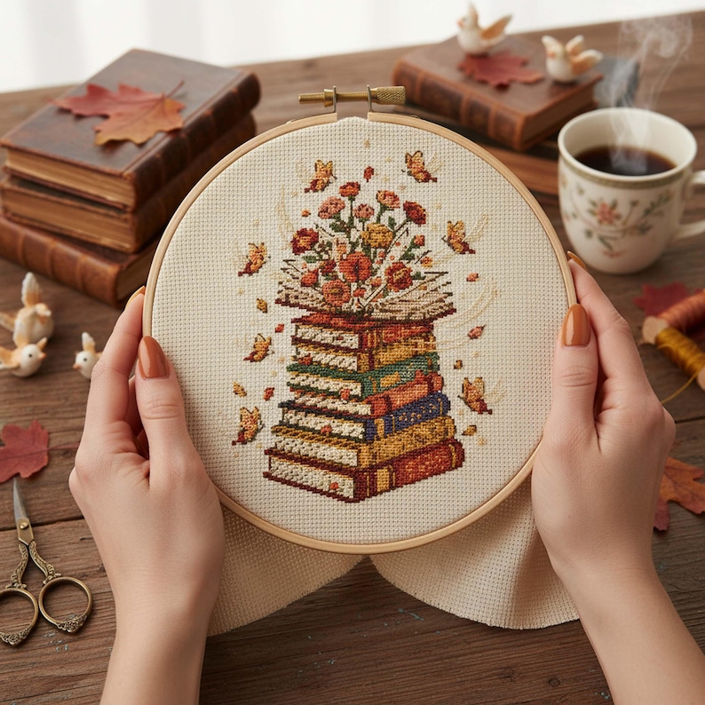 Floral Books Cross Stitch Pattern Embroidery With Butterflies and Open ...