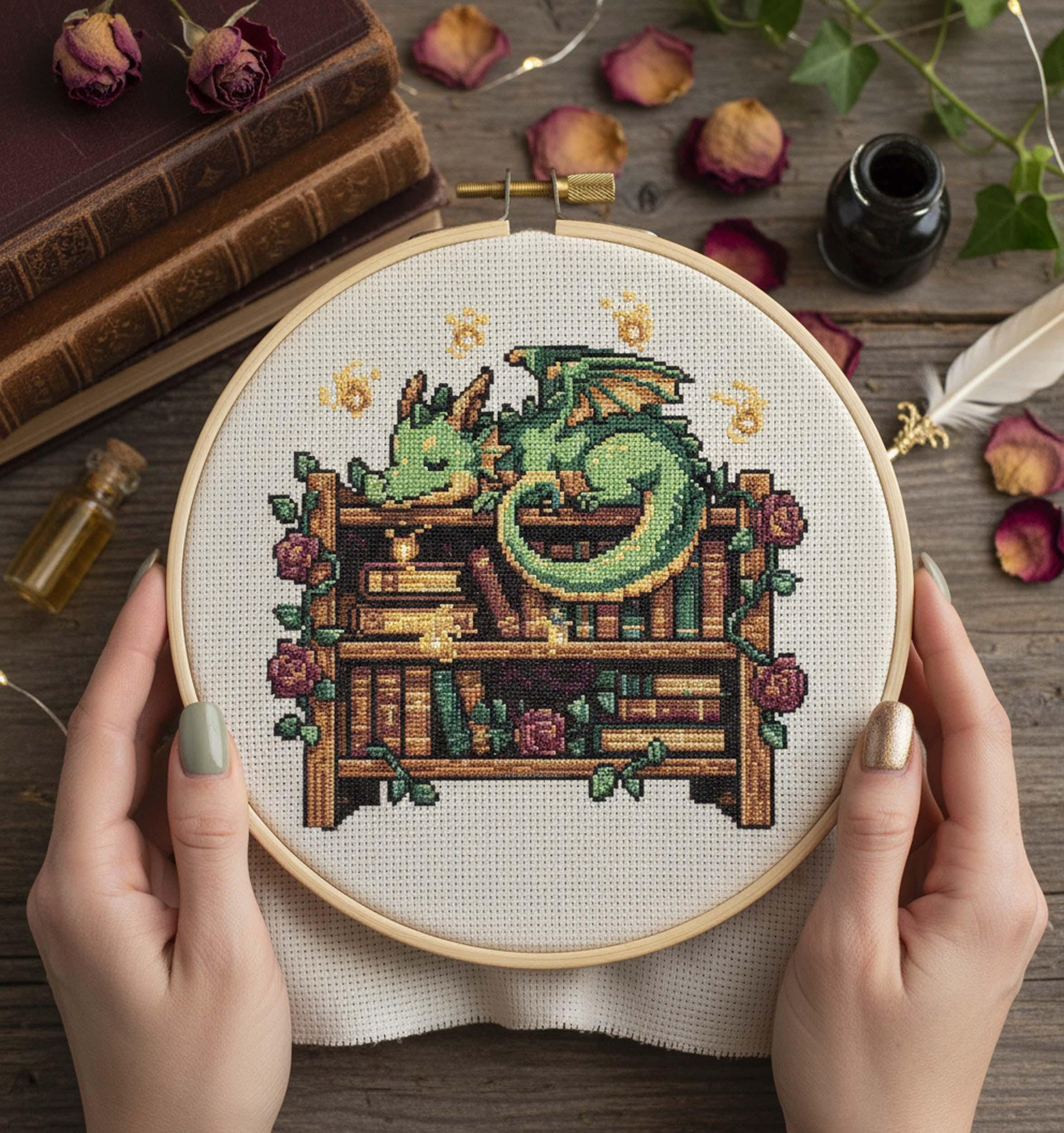Sleeping Dragon Bookshelf Cross Stitch Pattern Fantasy Embroidery on ...