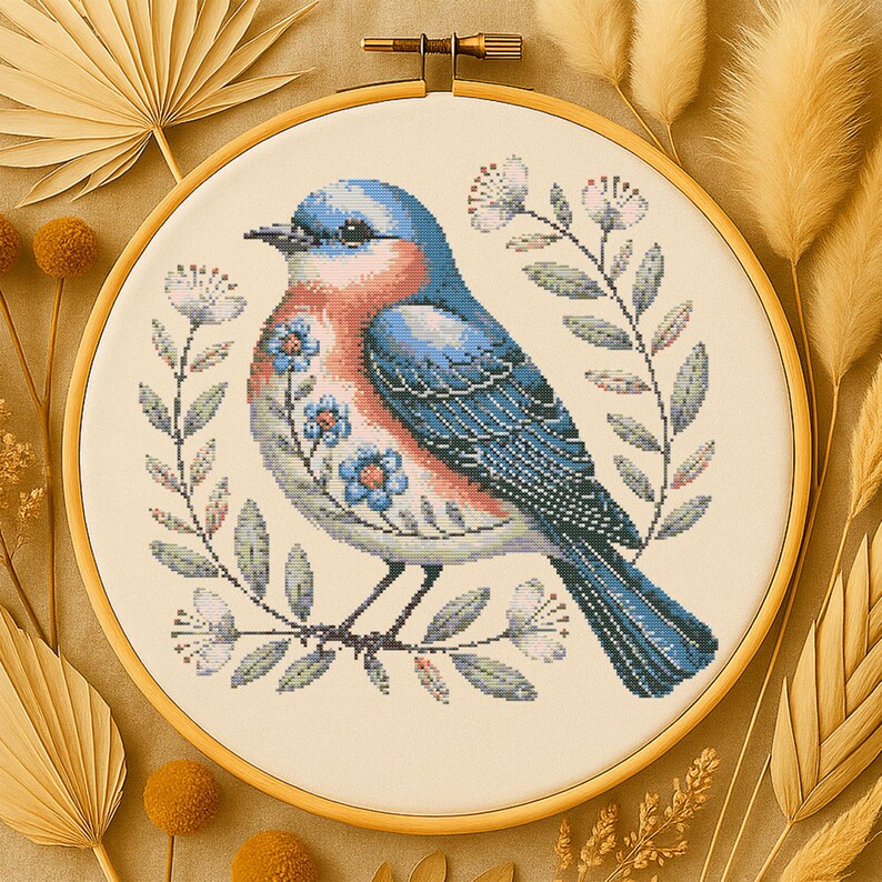 Botanical Bluebird Cross Stitch Pattern Floral Garden Bird Embroidery ...