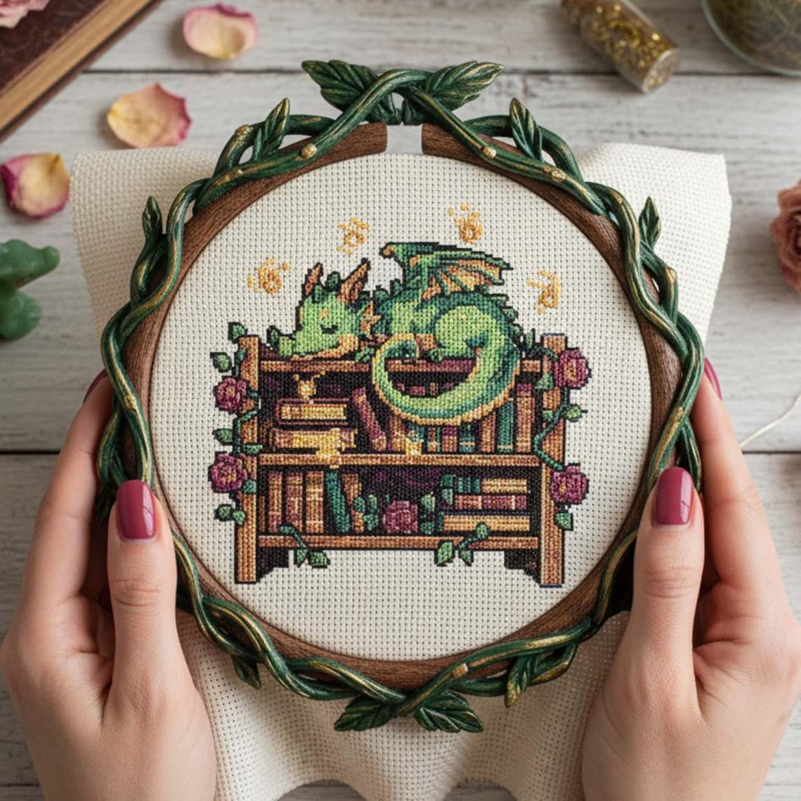 Sleeping Dragon Bookshelf Cross Stitch Pattern Fantasy Embroidery on ...