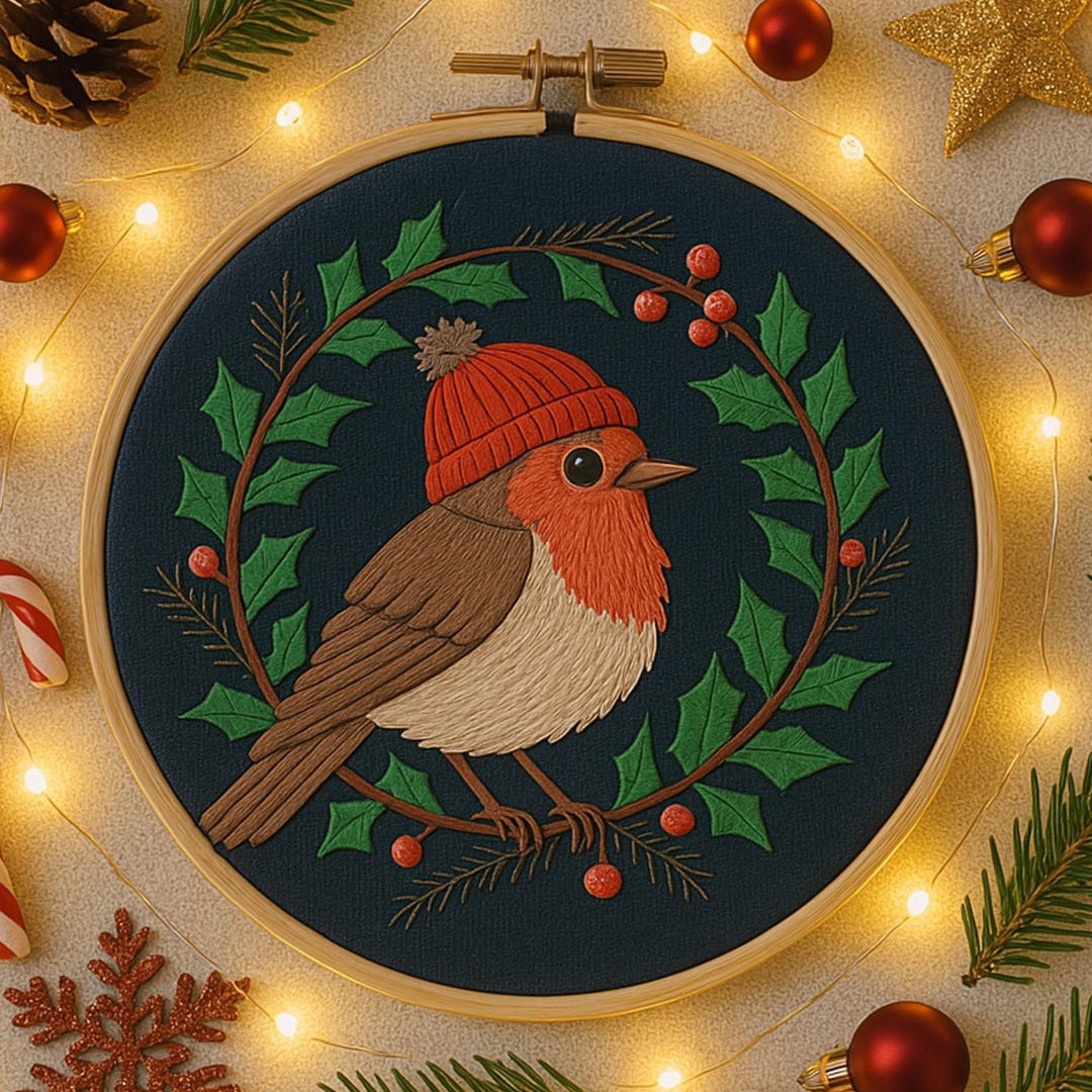 Christmas Robin Embroidery Pattern Festive Red Bird With Hat Holly for ...