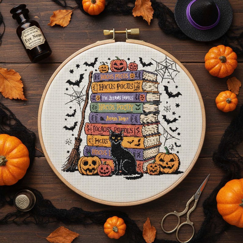 Gothic Cat and Spell Books Cross Stitch Pattern: Halloween Embroidery ...
