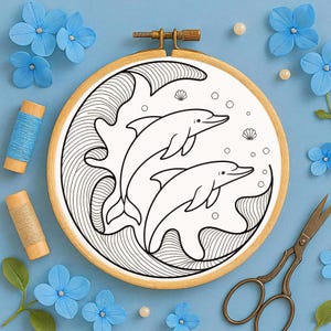 Magical Dolphin Swimming Hand Embroidery Pattern Ocean Wave Hoop Art ...