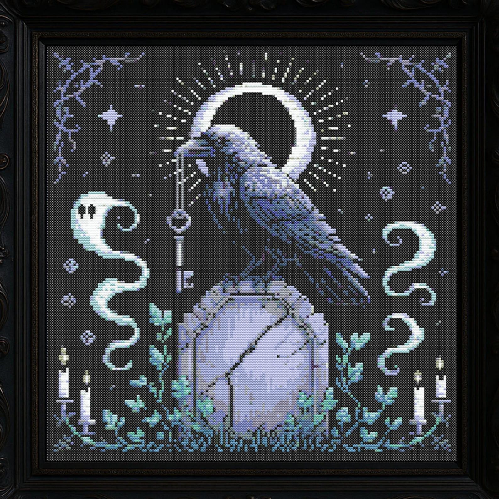 Gothic Raven and Key Cross Stitch Pattern Celestial Raven Embroidery ...