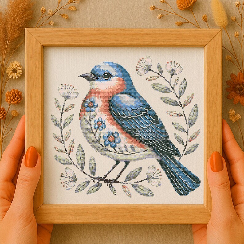 Botanical Bluebird Cross Stitch Pattern Floral Garden Bird Embroidery ...