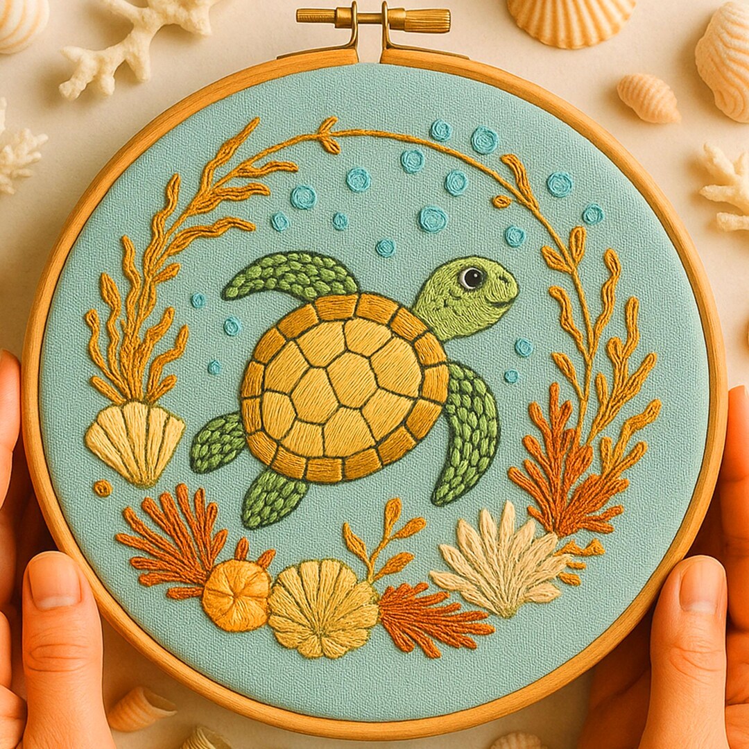 Ocean Turtle Coral With Marine Plants Hand Embroidery Pattern ...
