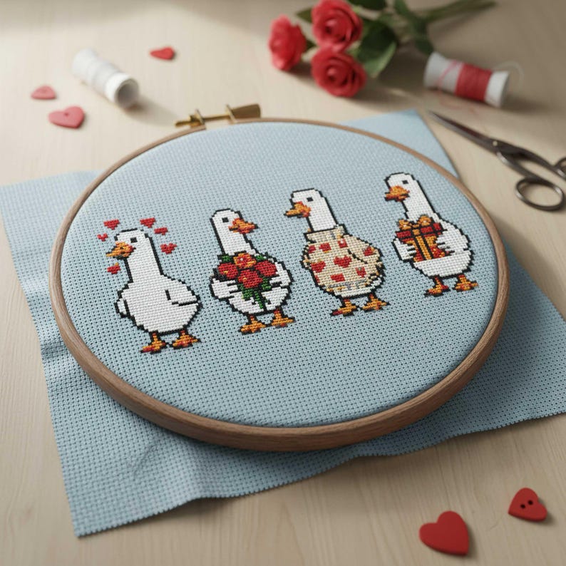 Valentine Goose Cross Stitch Pattern: Love Geese With Hearts, Flowers ...