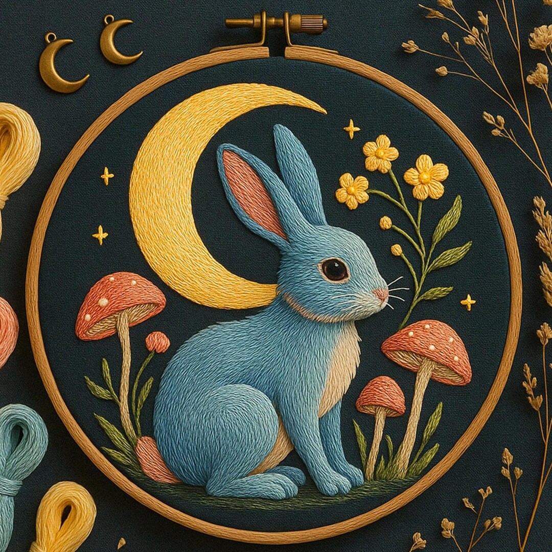 Moon Blue Bunny With Flowers Hand Embroidery Pattern Celestial Rabbit ...
