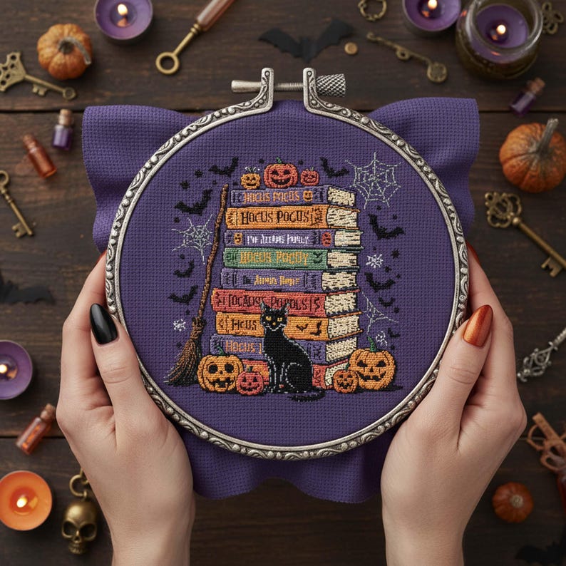 Gothic Cat and Spell Books Cross Stitch Pattern: Halloween Embroidery ...
