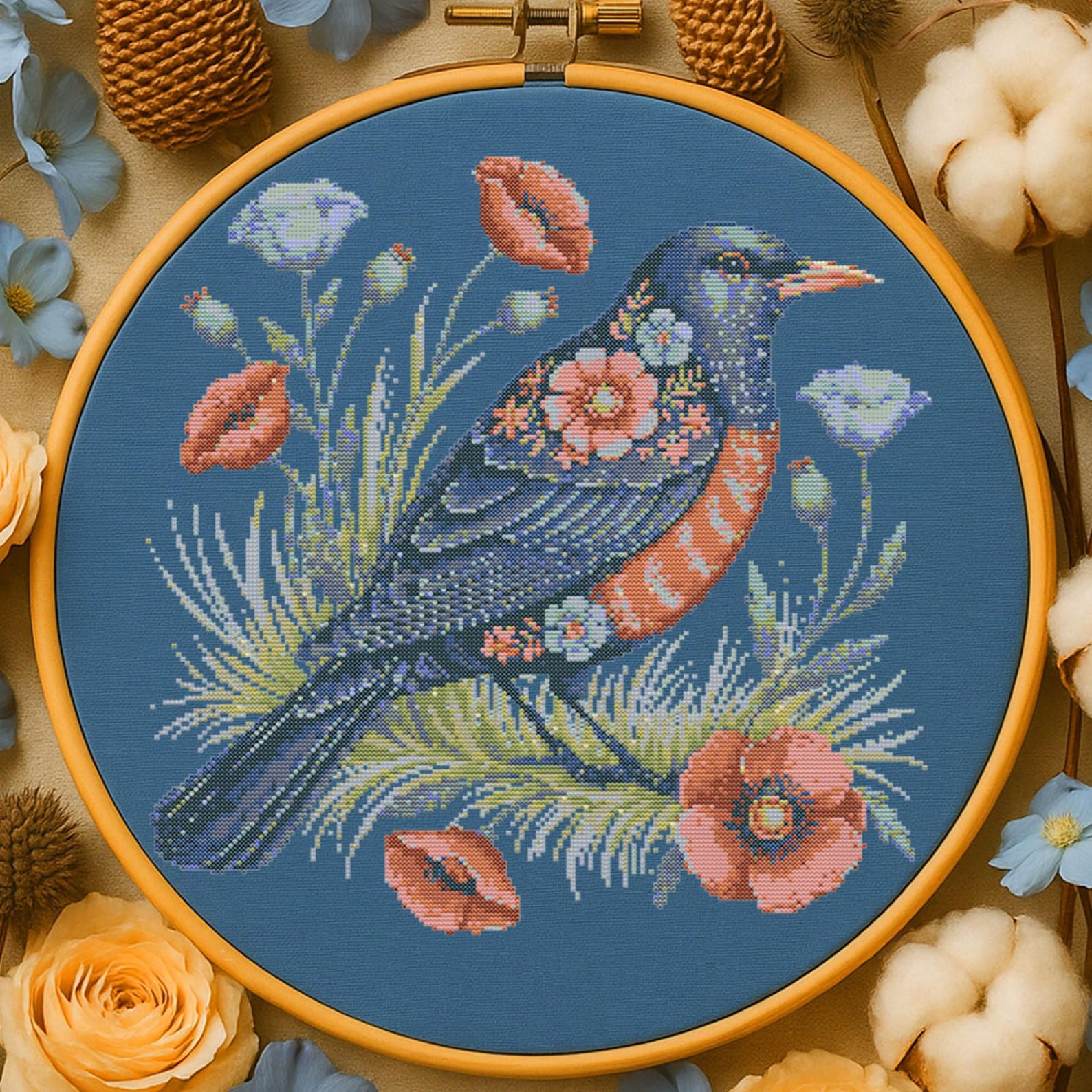 Moody Floral Robin Cross Stitch Pattern Garden Bird With Flowers ...