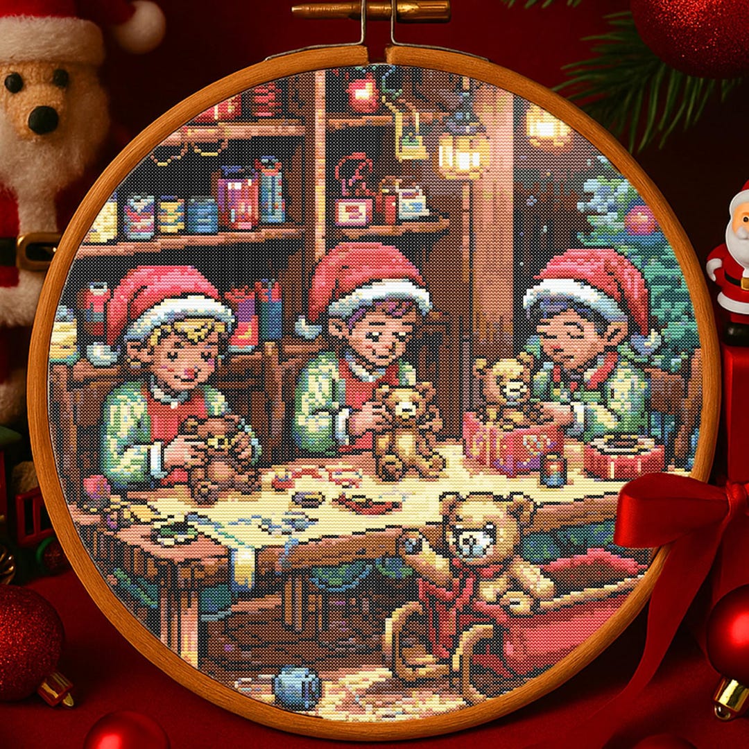 Christmas Elves Workshop Cross Stitch Pattern Elves Making Teddy Bears ...