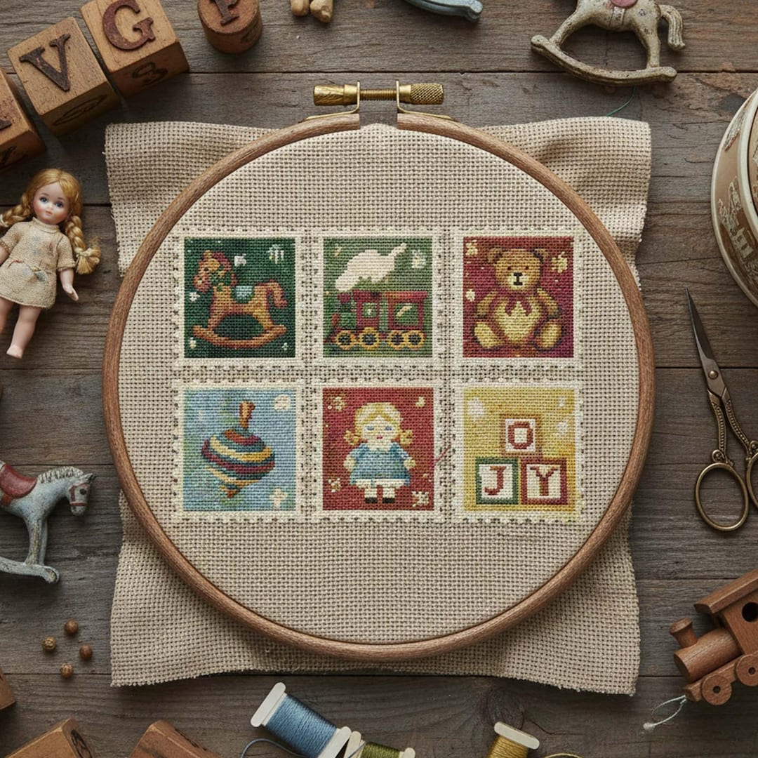 Vintage Toys Stamps Cross Stitch Pattern: Christmas Post Office Holiday ...