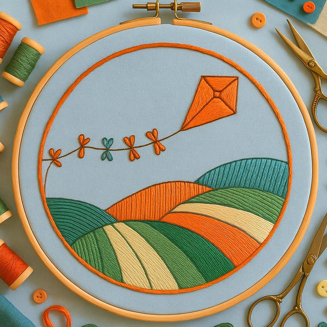 Kite and Hills Hand Hand Embroidery Pattern Colorful Landscape Hoop ...